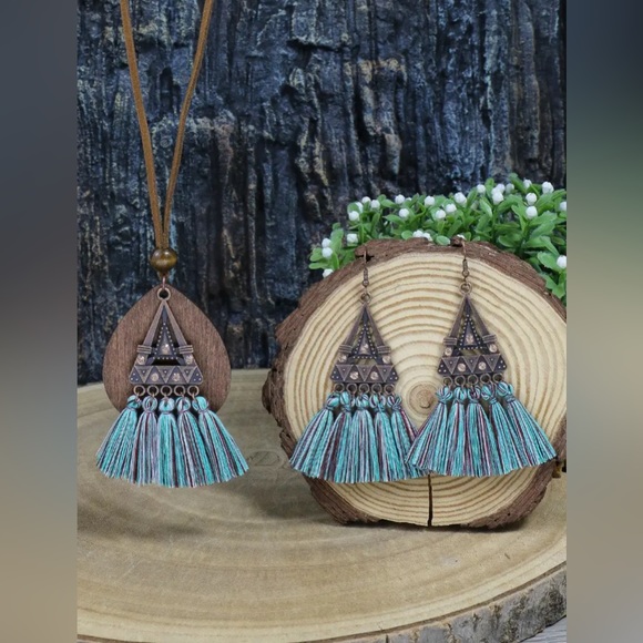 Jewelry | 948 3 Pc Blue Boho Tassel Earrings Necklace Bohemian Jewelry ...